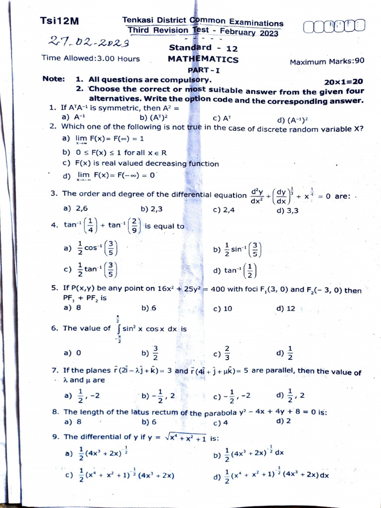 12th Maths EM 3rd Revision Exam 2023 Original Question Paper Thenkasi ...