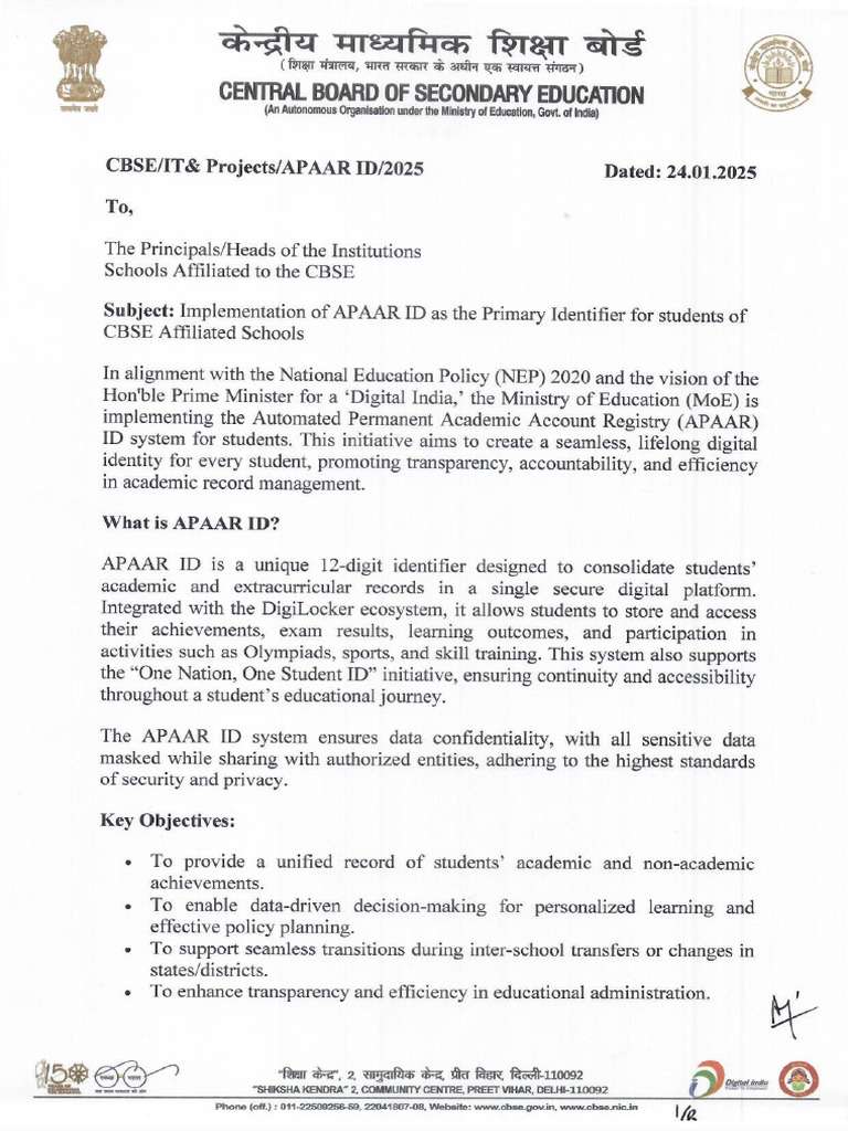 Circular Implementation APAAR ID 24012025 | PDF