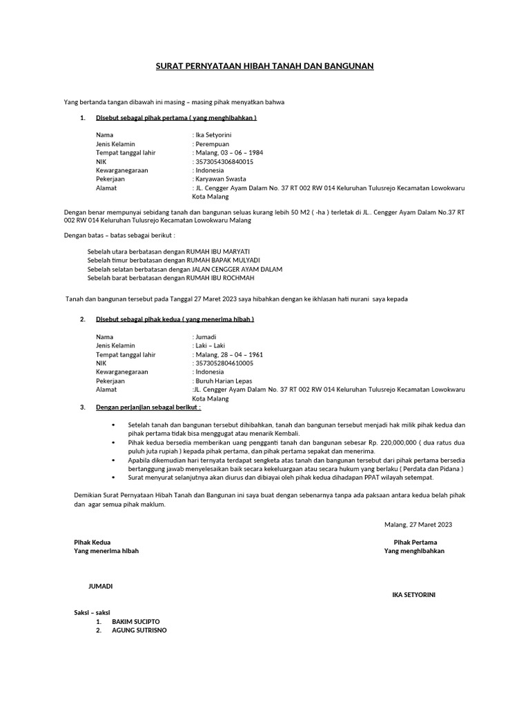 Surat Hibah Tanah dan Bangunan Malang | PDF