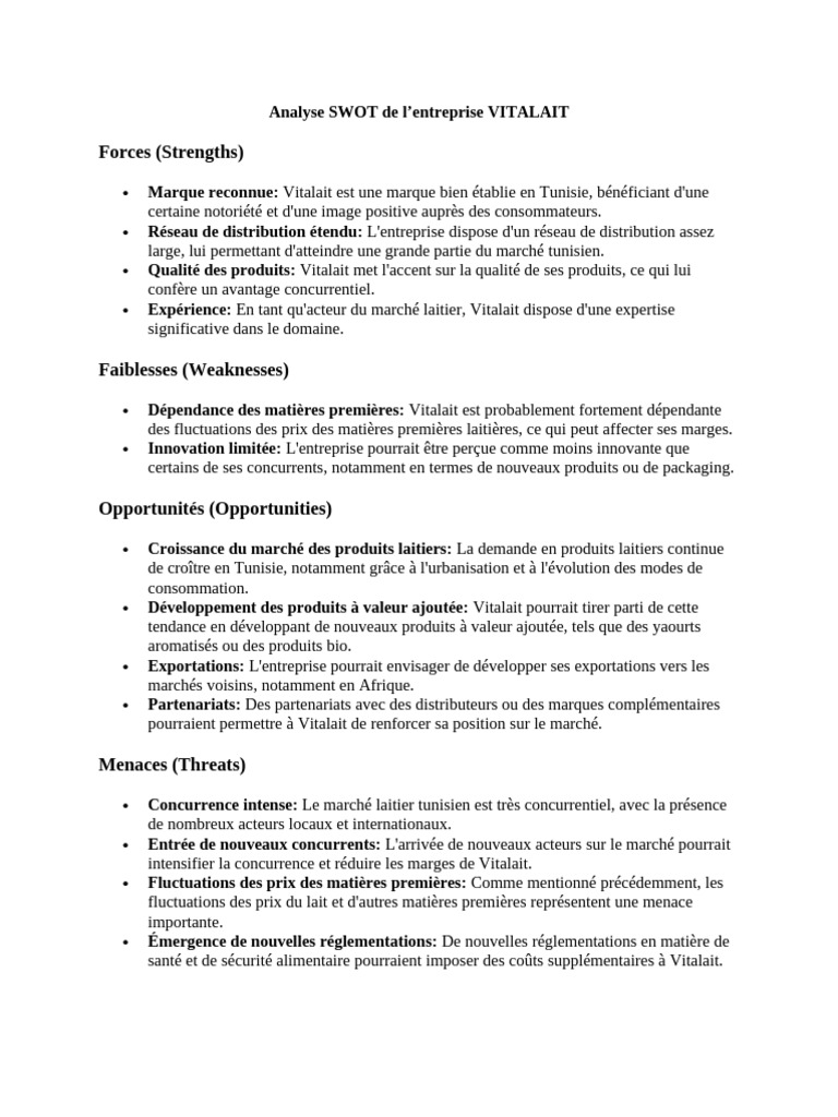 Analyse SWOT de Vitalait en Tunisie | PDF | Produits laitiers ...