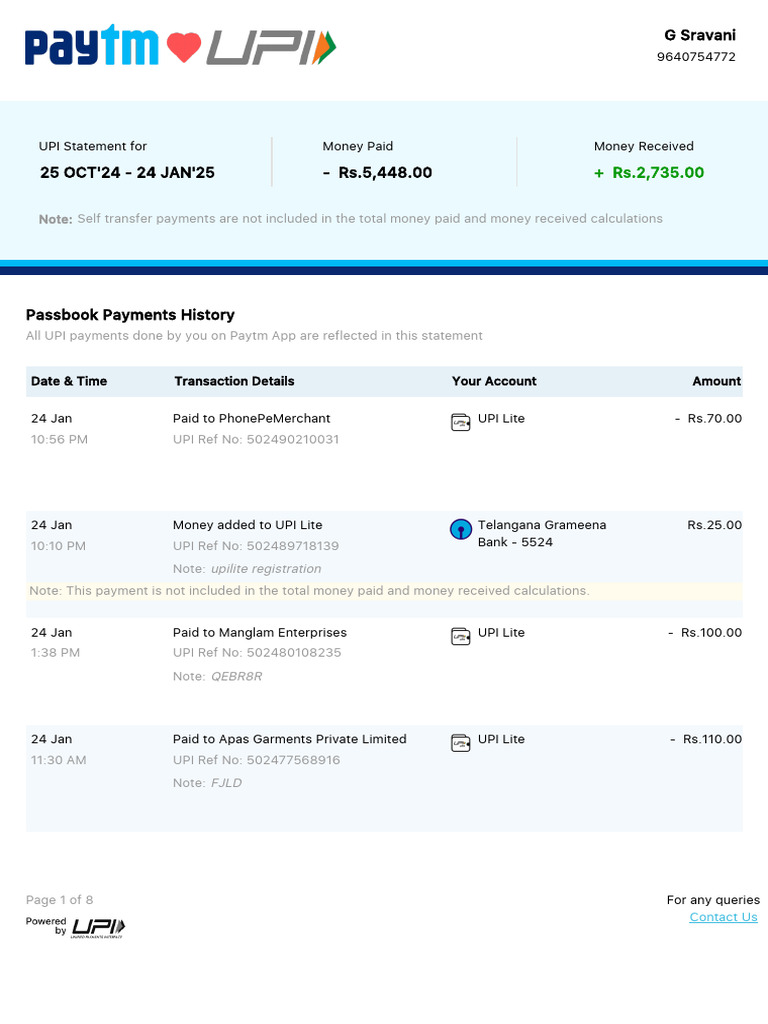 UPI Transactions Summary for G Sravani | PDF | Banks | Personal Finance