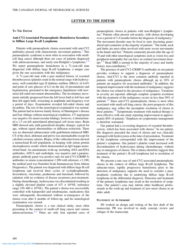 Anti cv2 Associated Paraneoplastic Hemichorea Secondary To Diffuse ...