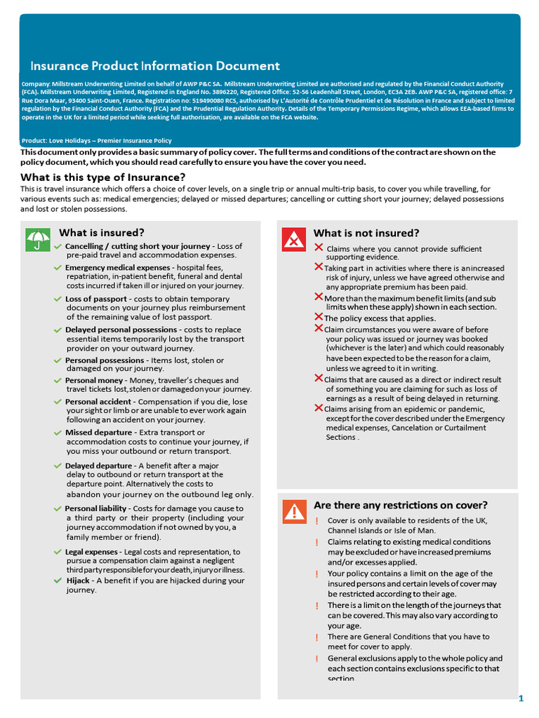 Loveholidays Premier UK IPID October 2023 | PDF | Insurance | Damages