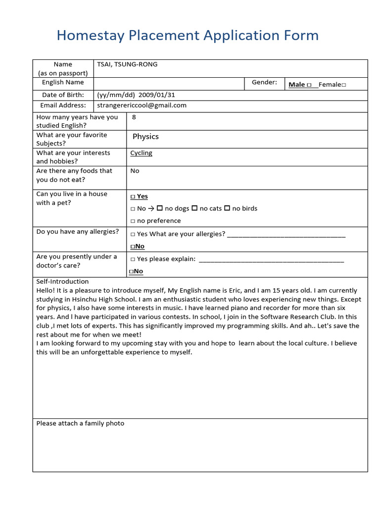 Homestay Placement Application Form | PDF