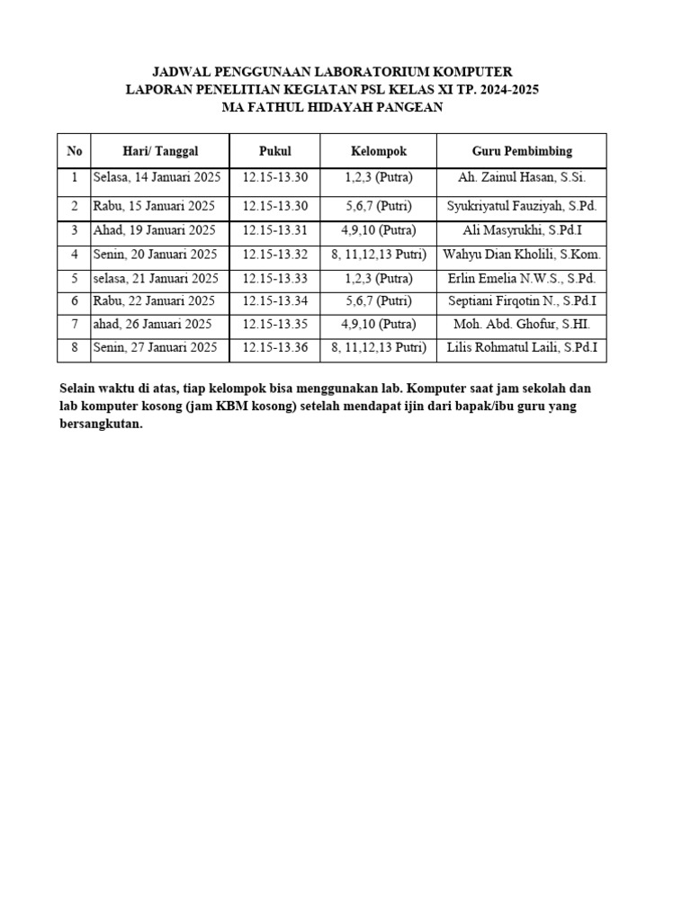 Jadwal Penggunaan Lab Komputer | PDF