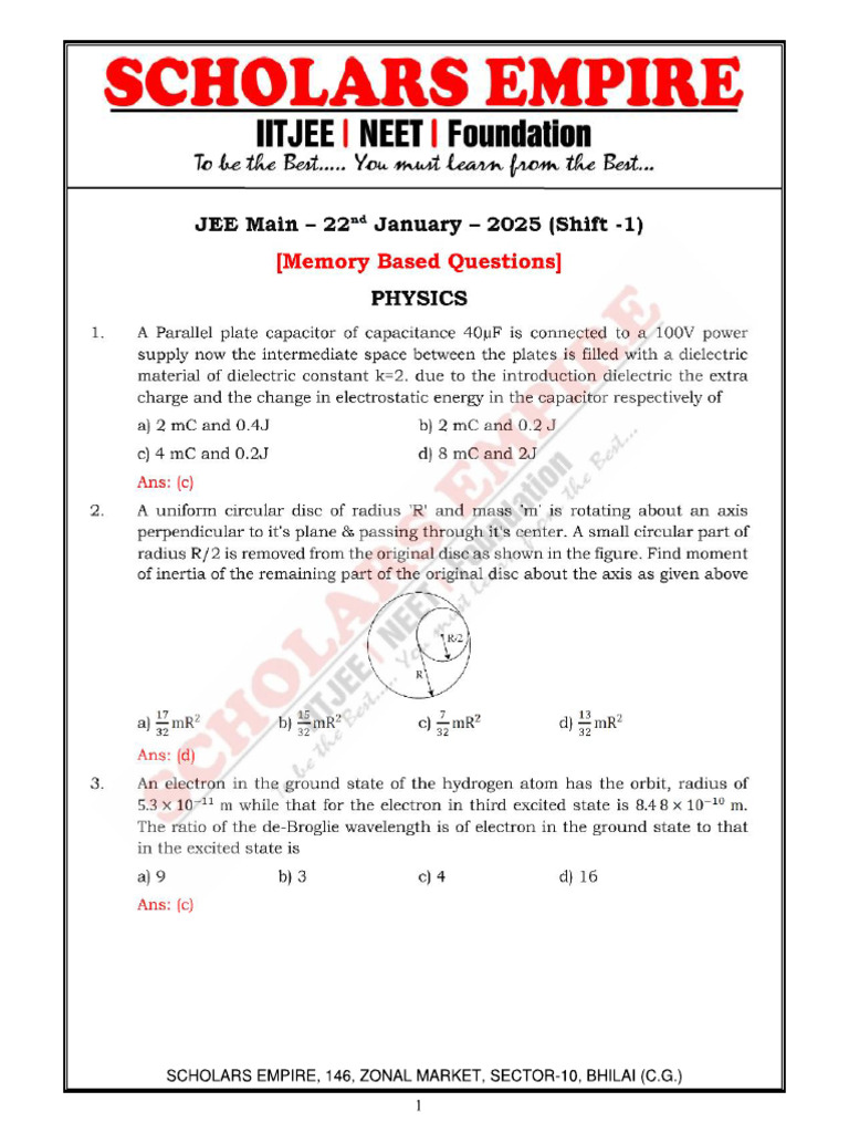JEE Mains 2025 Shift1 Question Paper With Solutions PDF | PDF