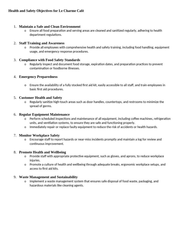 Health and Safety Objectives For LC Cafe | PDF