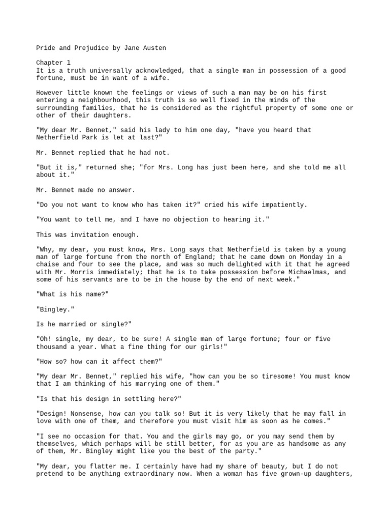 Pride and Prejudice Chapter 1 Summary | PDF