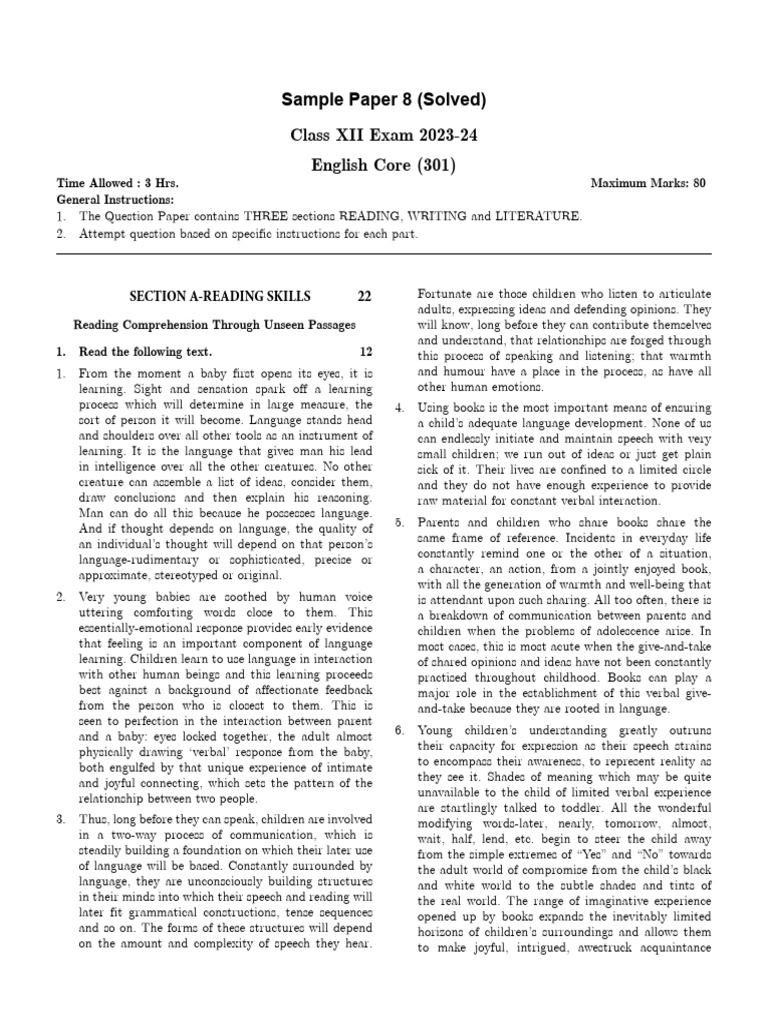English Sample Paper 8 - Xii | PDF | Language Development | Learning