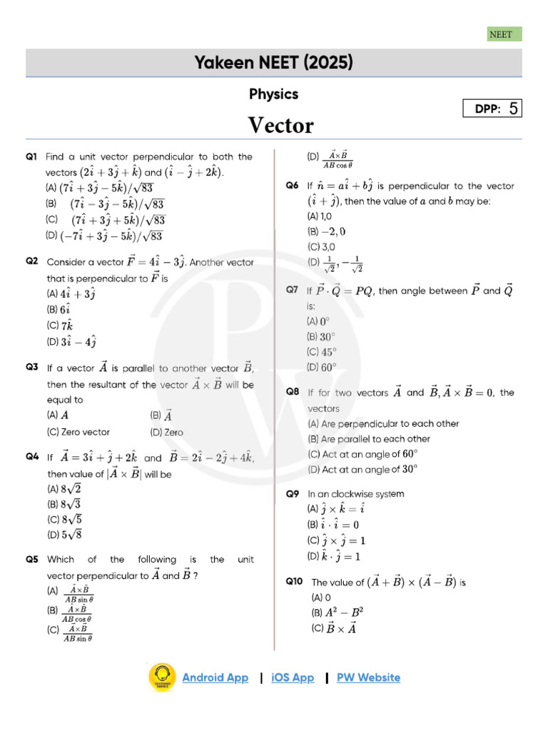 6642f96a4a1ee000463818d0_##_Vector _ DPP 05 (of Lec-07) __ Yakeen NEET 2025 | PDF