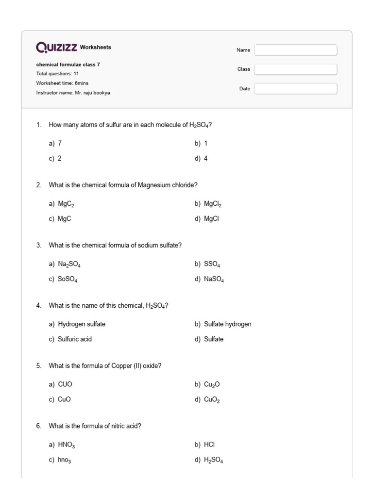 Class 7 Chemical Formula Worksheets | PDF | Sulfuric Acid | Nitric Acid