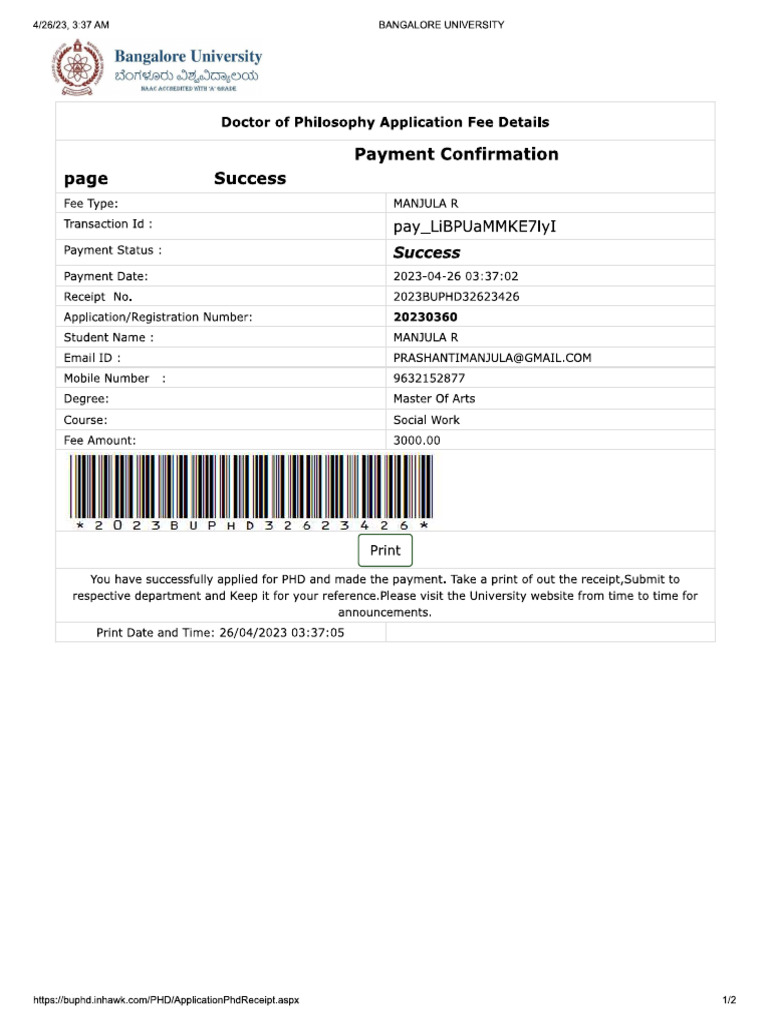 Bangalore University PHD Fees Slip | PDF