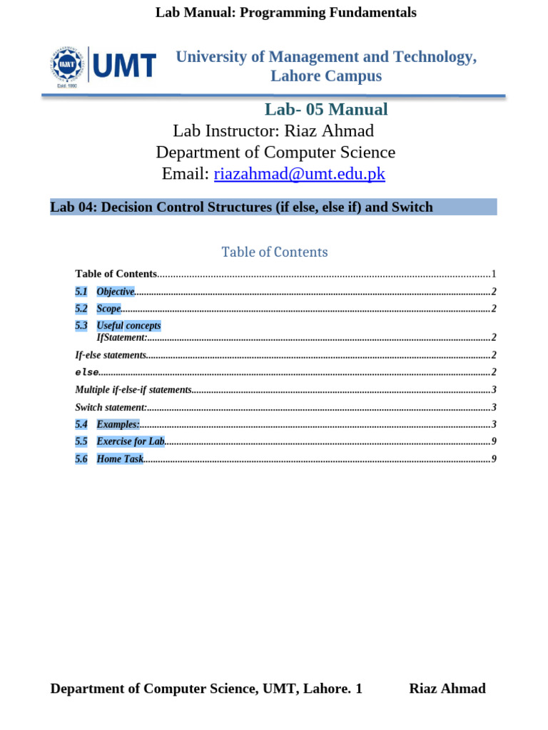 Lab Manual 05 - Decision Control Structure and Switch Statement | PDF | Software Development ...