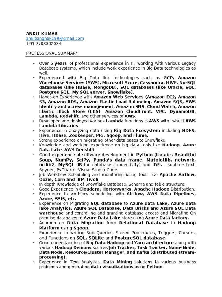 Ankit Data Engineer Resume | PDF | Apache Hadoop | Apache Spark Ankit Data Engineer Resume | PDF | Apache Hadoop | Apache Spark