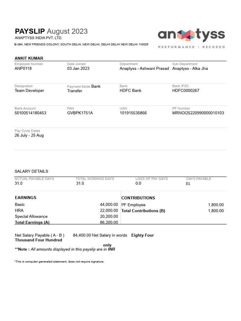 Ankit Kumar Payslip August 2023 | PDF