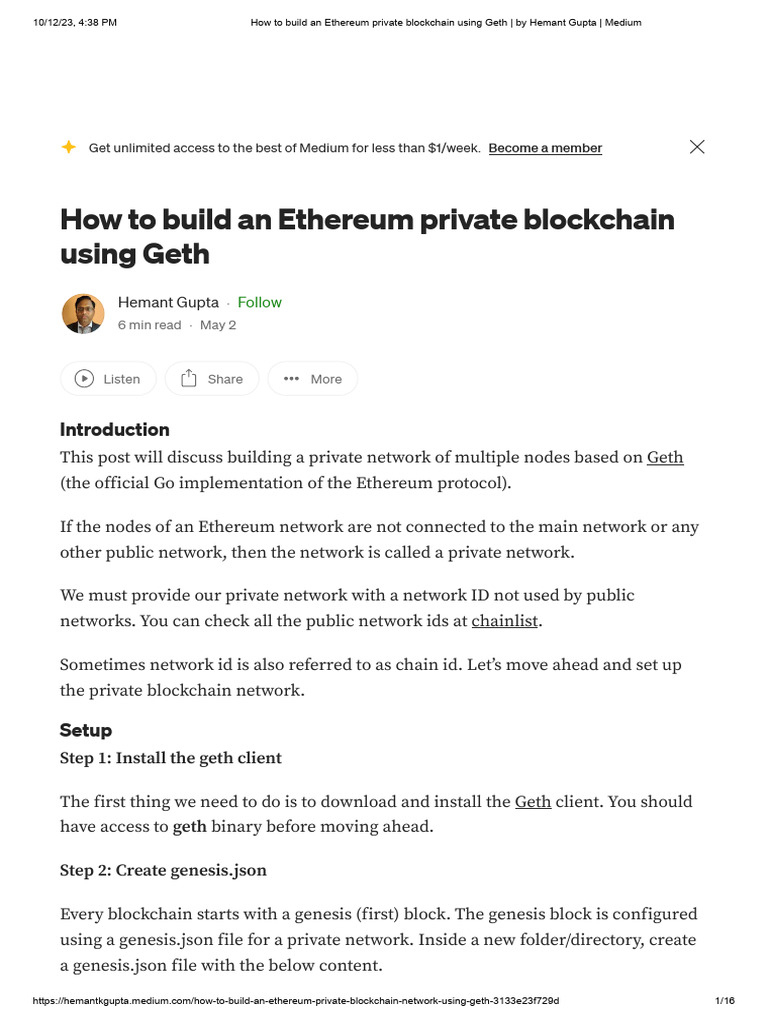 How To Build An Ethereum Private Blockchain Using Geth - by Hemant Gupta - Medium | PDF ...