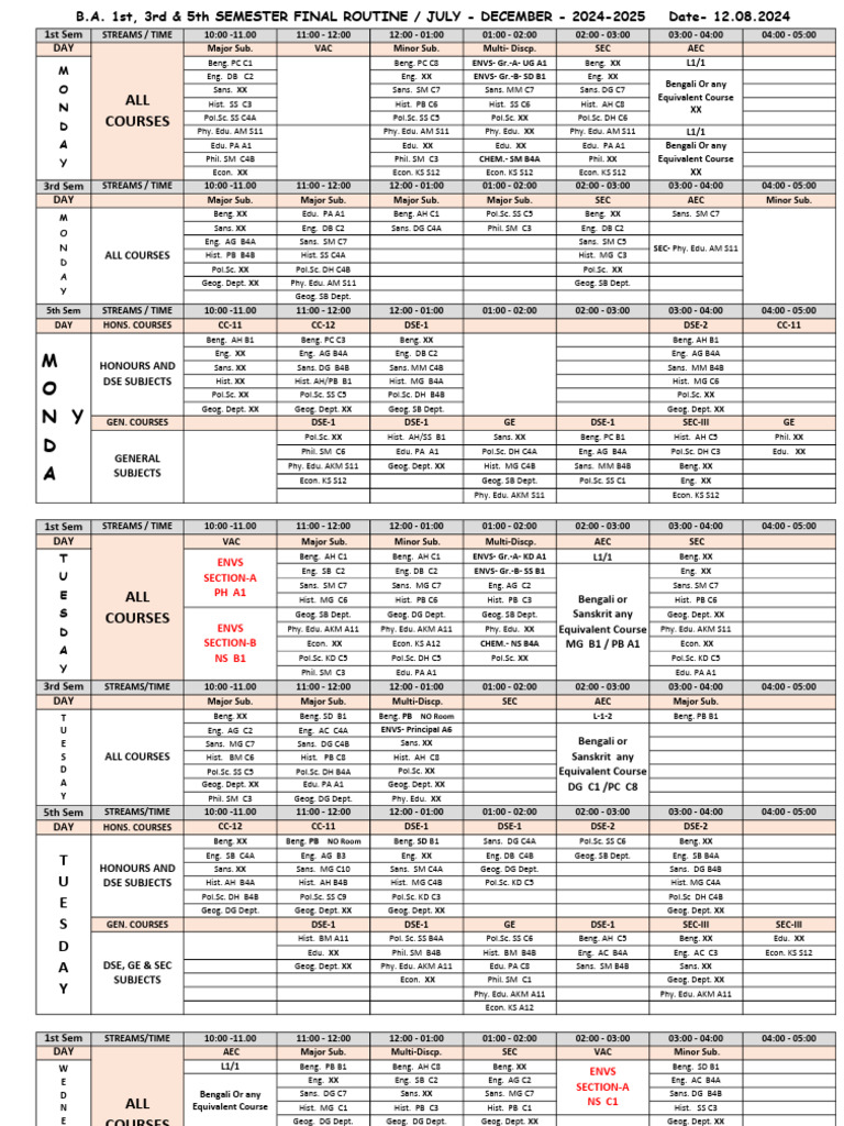 B.A. Semester Routine 2024-2025 | PDF