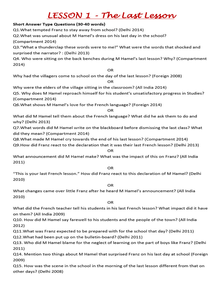 L1-THE LAST LESSON - QUESTIONS | PDF