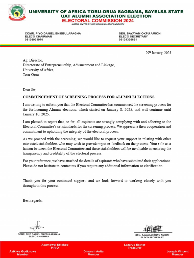 Commencement of Screening Process For Alumni Elections - 094113 | PDF