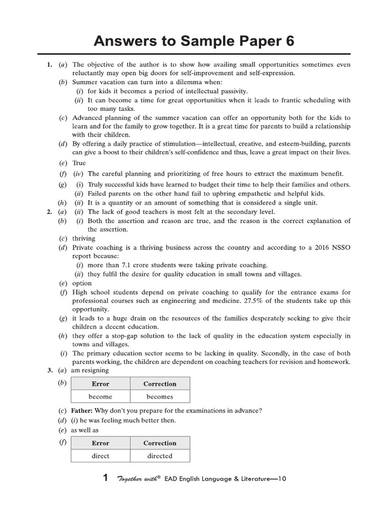 Cbse Cl10 Ead English Llr Answers to Sample Paper 6 2025 | PDF