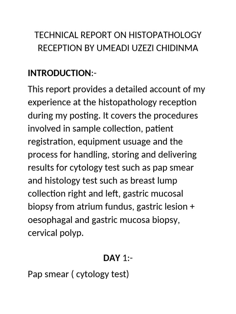 Technical Report On Histopathology Reception by | PDF | Cytopathology ...