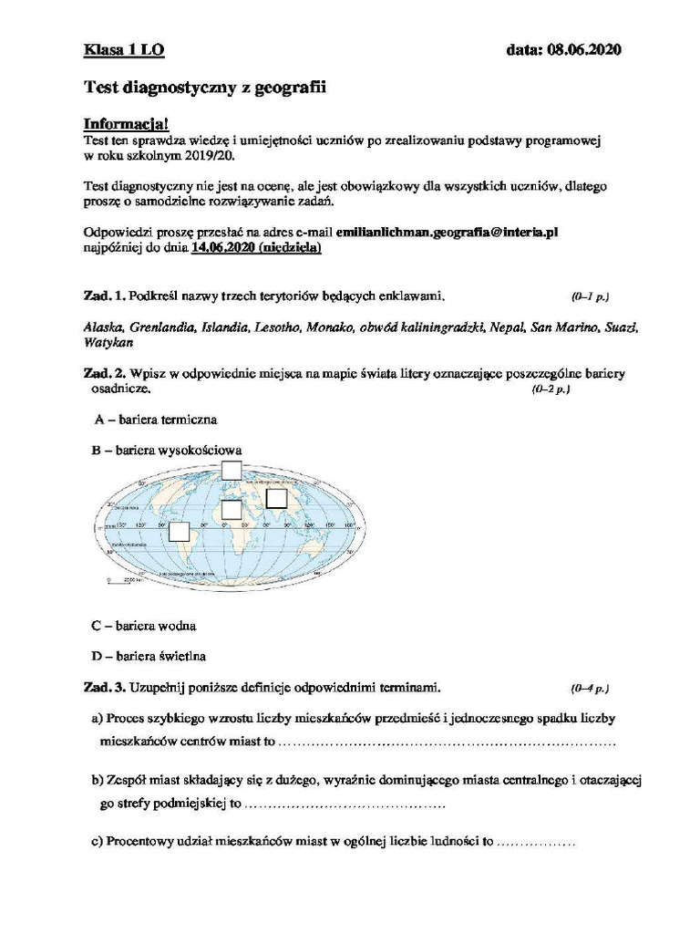 Klasa 1 LO Test Diagnostyczny Z Geografii | PDF