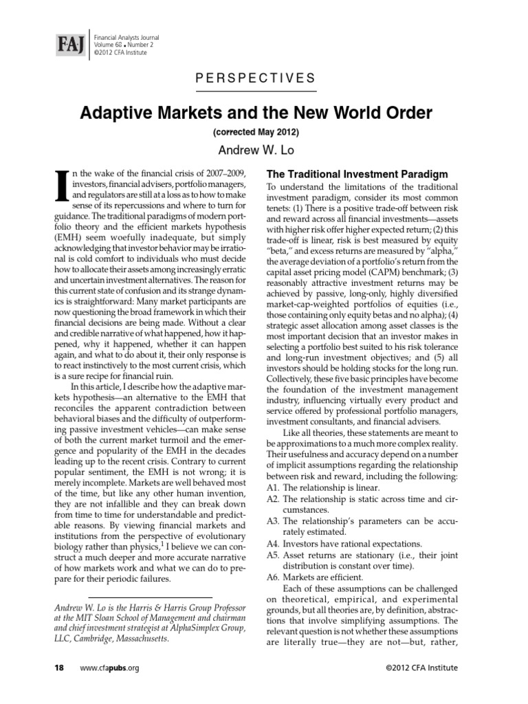 Adaptive Markets and The New World Order, Andrew W. LoPages 18-29 | PDF ...