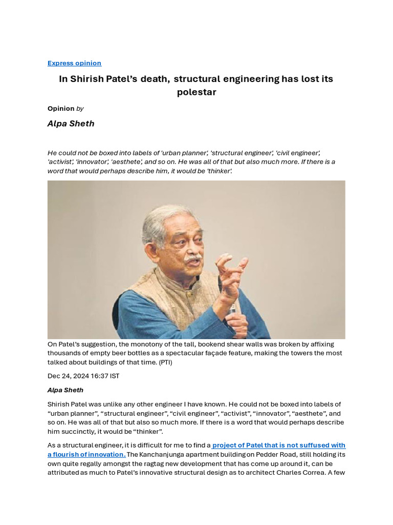 Express Opinion - Tribute To Shirish Patel by Alpa Sheth | PDF