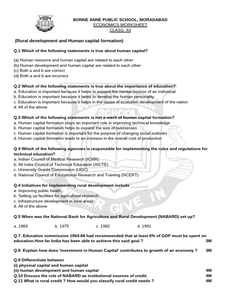 Class XII Economics Worksheet | PDF | Human Capital | Economies