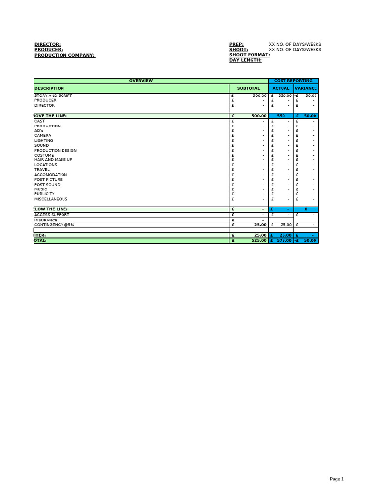 BFI Short Film Budget Template | PDF