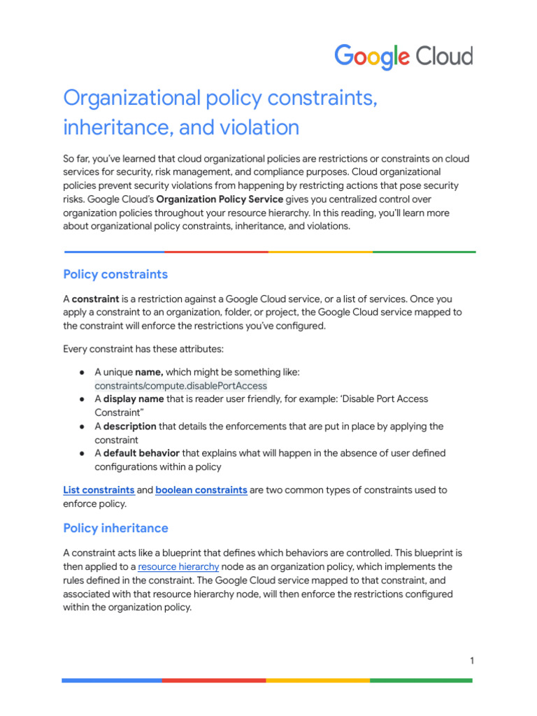 Organizational Policy Constraints, Inheritance, and Violation | PDF | Cloud Computing | Policy