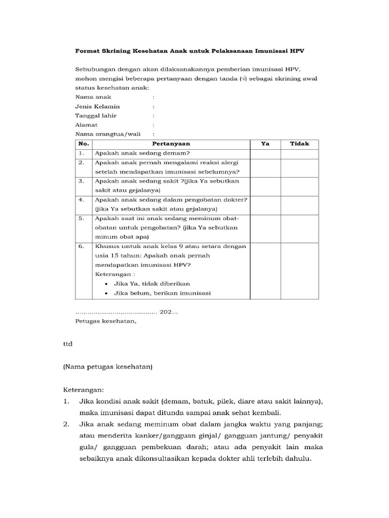 Form Skrining HPV 2025 Contoh | PDF