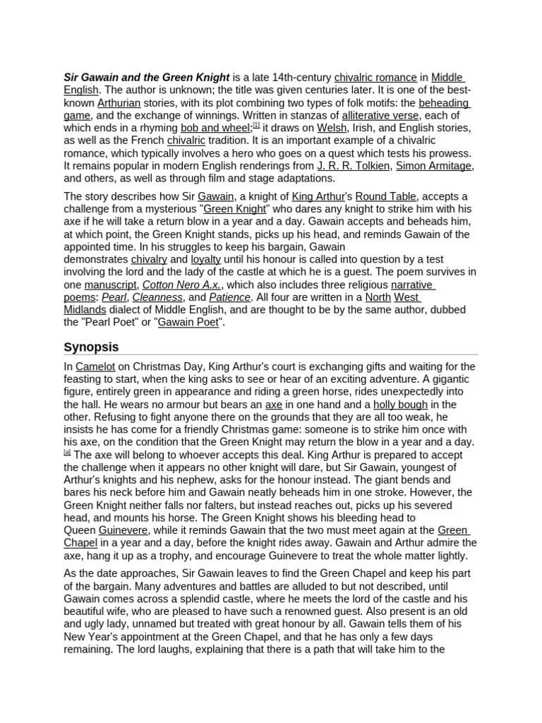 Sir Gawain and The Green Knight Wikipedia Article | PDF | Green Knight
