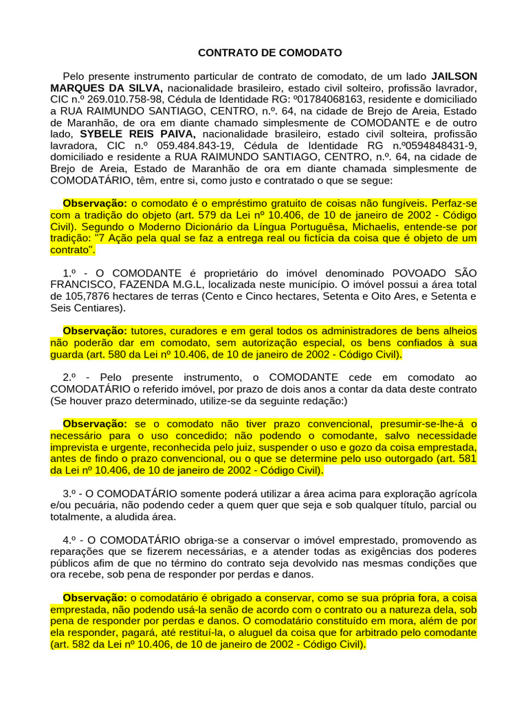 Modelo Contrato de Comodato Rural | PDF | Direito Comum