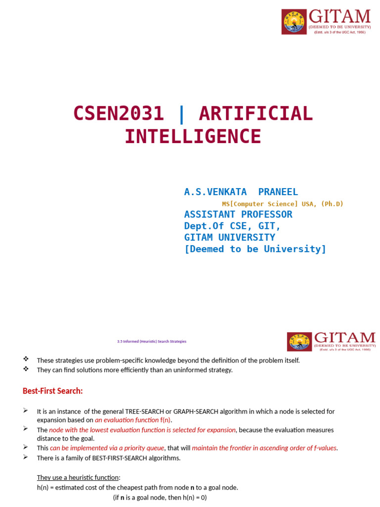 CSEN_2031_AI[INFORMED SEARCH STRATEGIES] | PDF | Algorithms And Data Structures | Algorithms