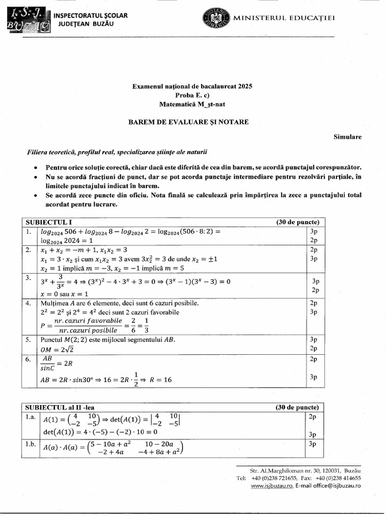 Barem Simulare Bac Matematica Stiintele Naturii 2025 Buzau | PDF