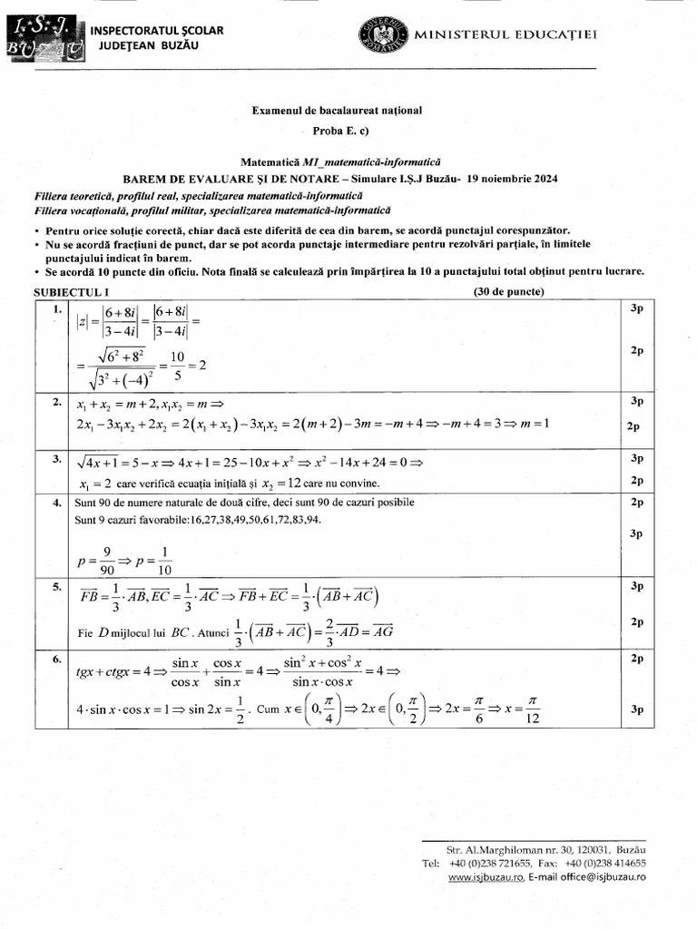 Barem Simulare Bac Matematica Mateinfo 2025 Buzau | PDF