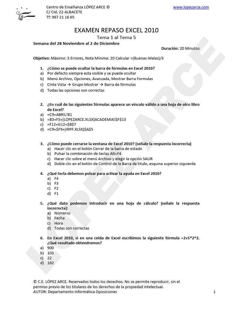 Examen de Repaso Excel 2010 | PDF | Hoja de cálculo | Microsoft Excel