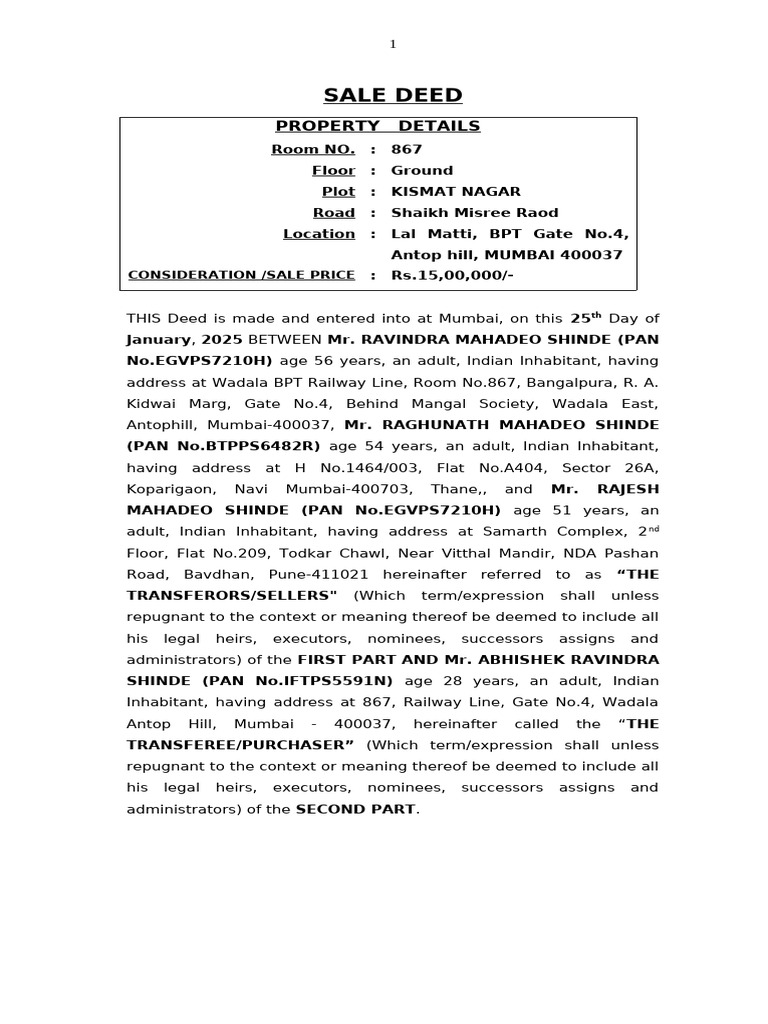SALE Deed (Abhishek Shinde) | PDF | Property Law | Common Law