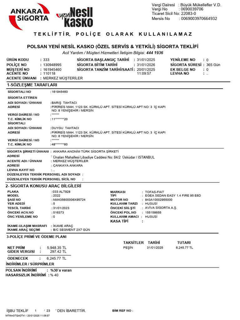 Barış Tahtacı - Kasko Teklifi | PDF