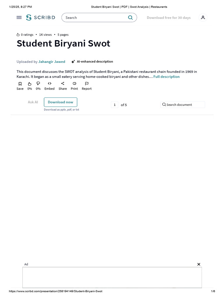 Student Biryani Swot _ PDF _ Swot Analysis _ Restaurants | PDF | Scribd | Internet