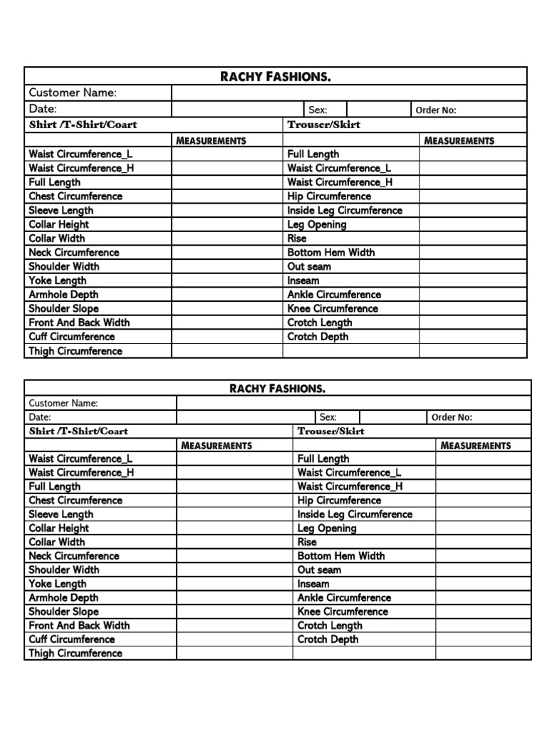 Measurments Template. | PDF