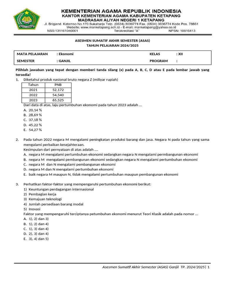 SOAL ASAS EKONOMI XII GANJIL Revisi | PDF