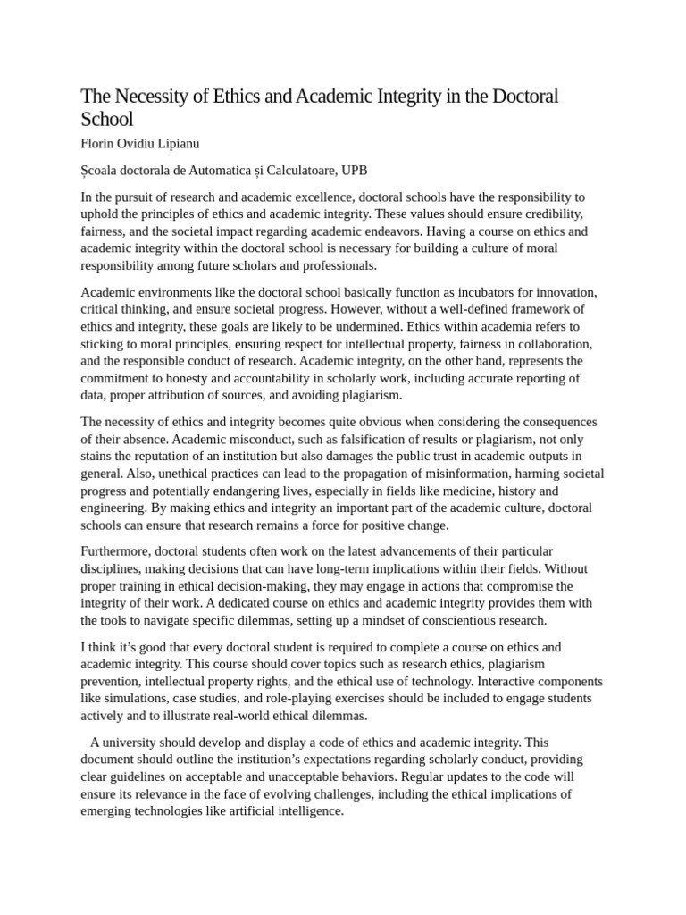 The Necessity of Ethics and Academic Integrity in The Doctoral School ...
