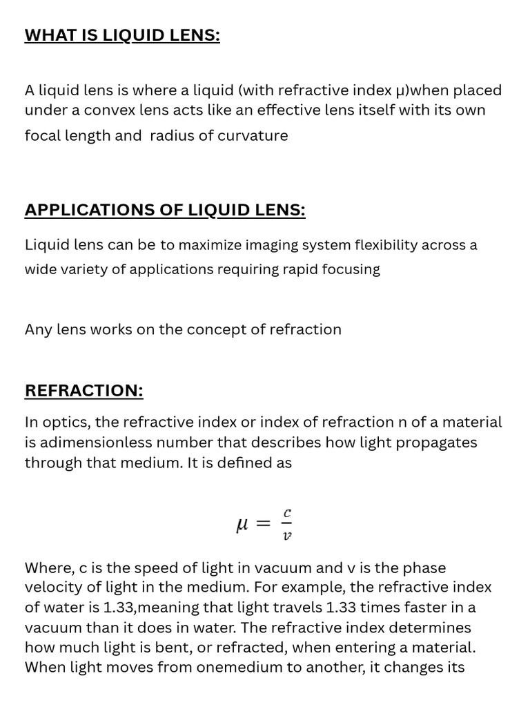 Understanding Liquid Lenses and Refraction | PDF | Refractive Index ...