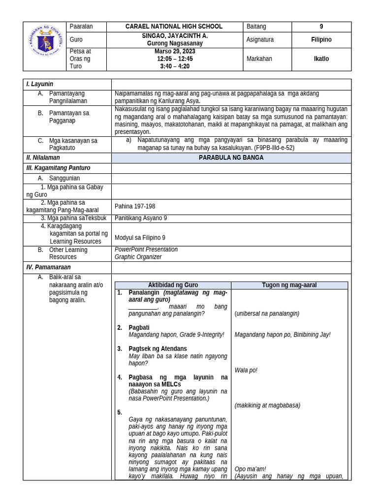DLP 9 Marso 29 Parabula NG Banga FINAL | PDF