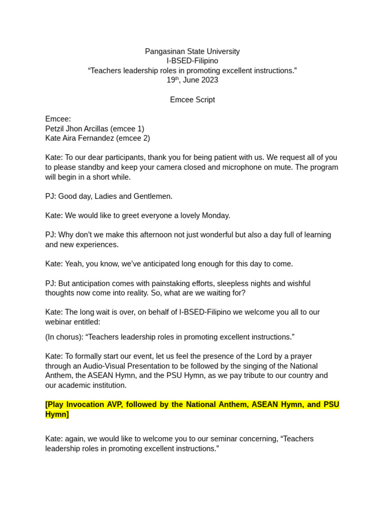 Emcee Script "Teachers Leadership Roles in Promoting Excellent ...