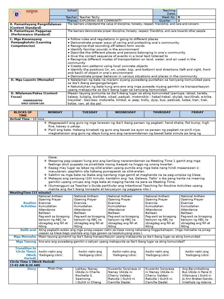 Kindergarten-DLL-Matatag-Q2 Week 8 | PDF