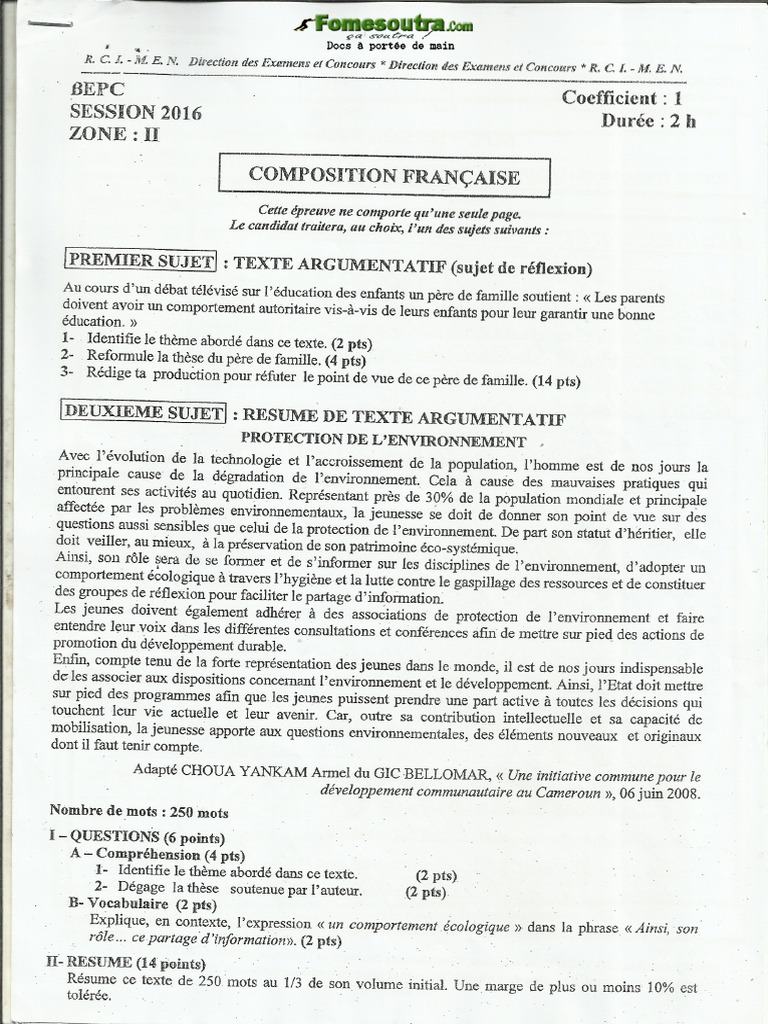612b483fe9551sujet Corrige Et Bareme Composition Francaise Bepc | PDF