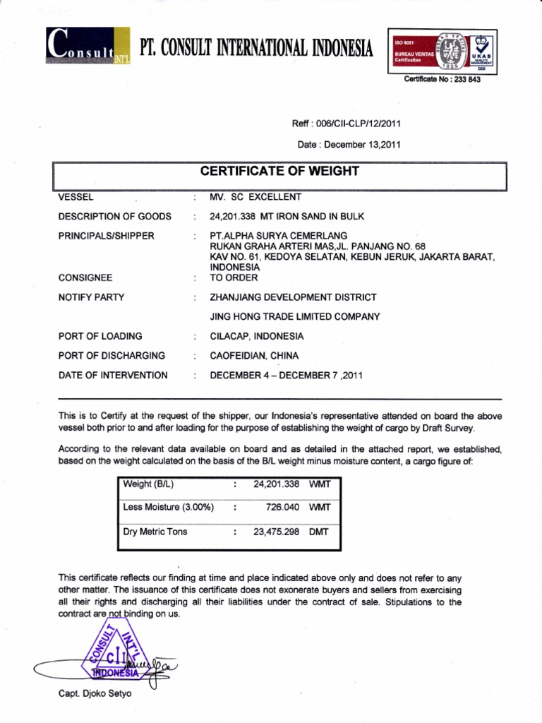 Certificate of Weight for Iron Sand Shipment | PDF | Business | Science ...